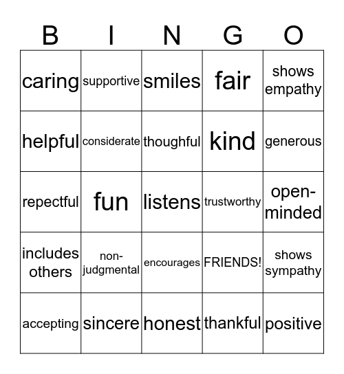 Friendship qualities Bingo Card