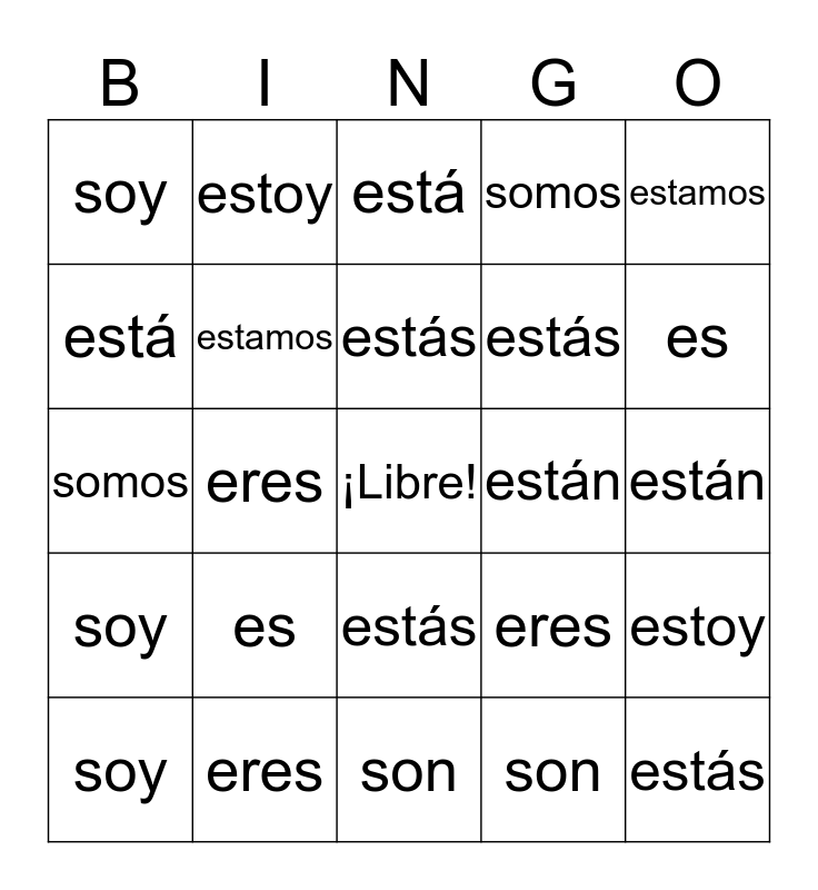 Ser y Estar Bingo Card