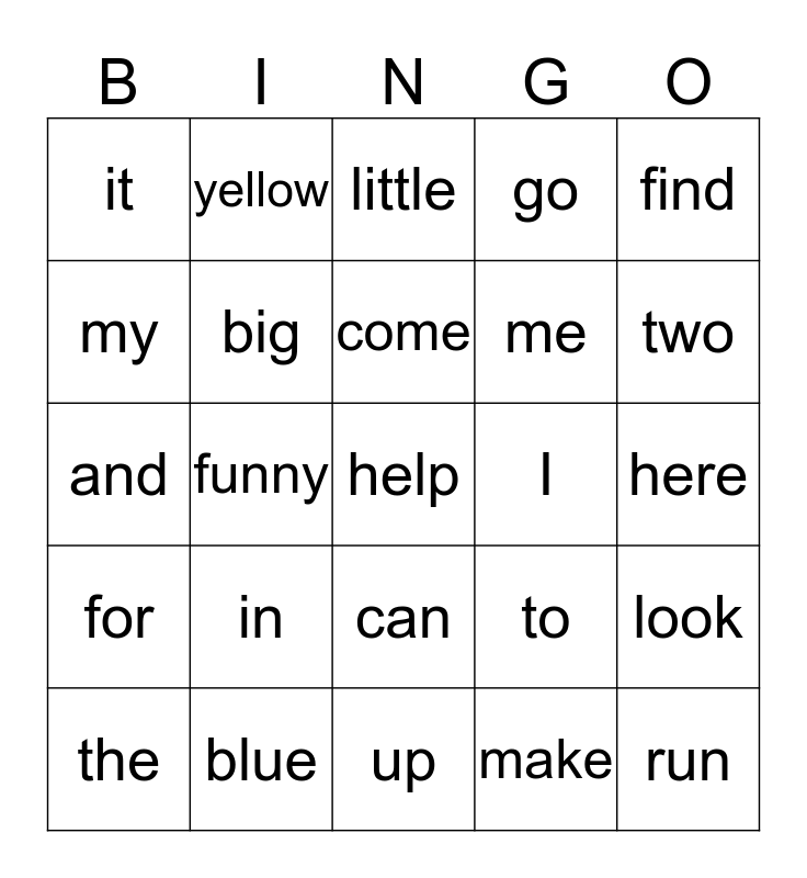 Pre-Primer BINGO Card