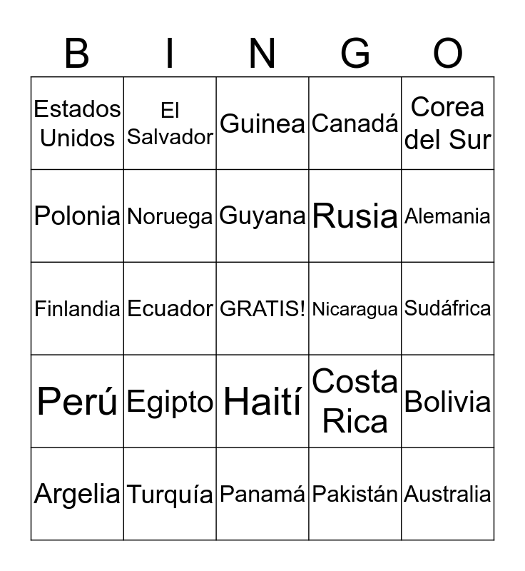 Los países del mundo Bingo Card