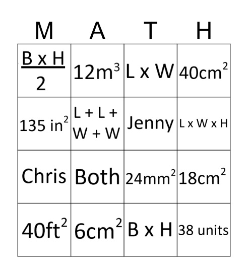 Area, Perimeter, Volume Bingo Card