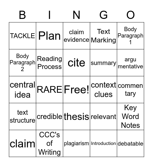 Language Arts Academic Vocabulary Bingo Card