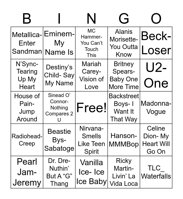 Total-Quiz.com Presents Radio Bingo: 90's Edition Bingo Card