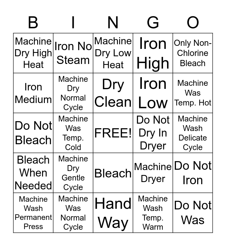 Clothing Care Bingo Card