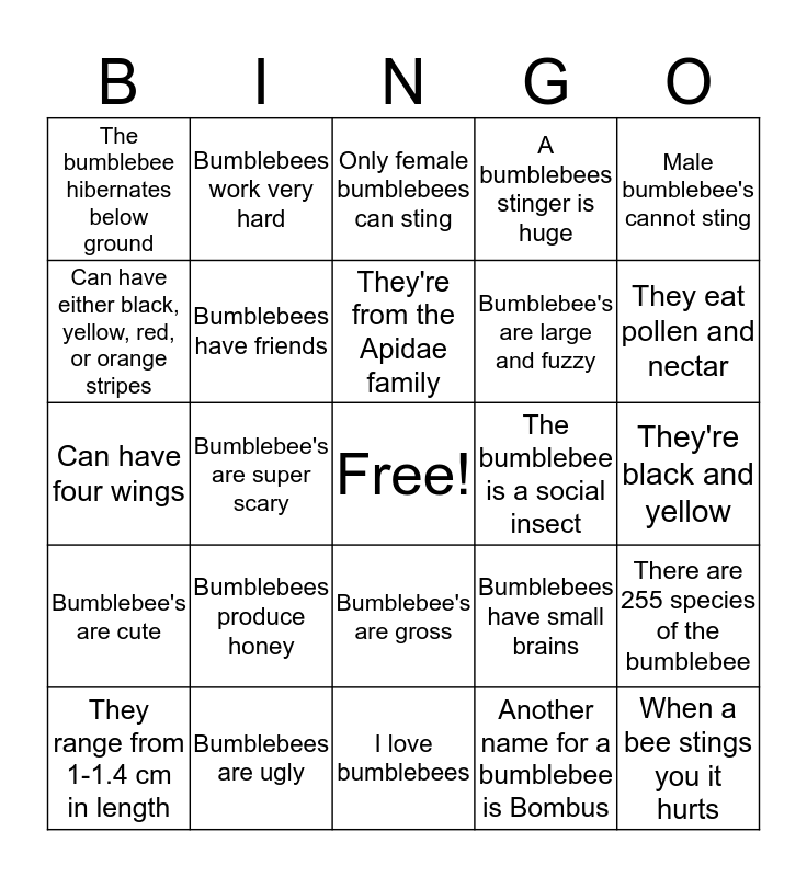 Bumblebee Bingo Card