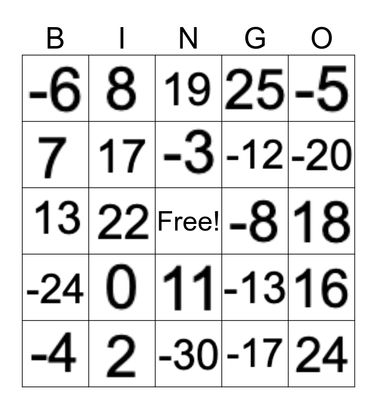 Integer Bingo Card