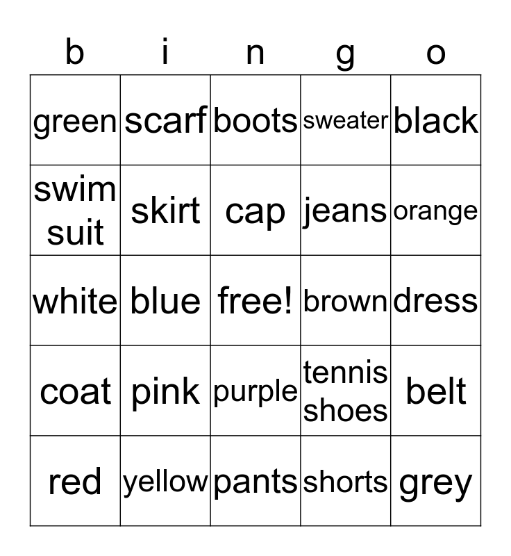 colors and clothing ! Bingo Card