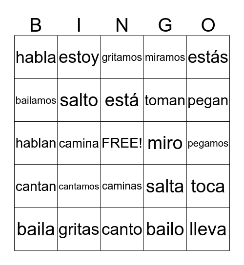 Conjugation of -AR Verbs Bingo Card