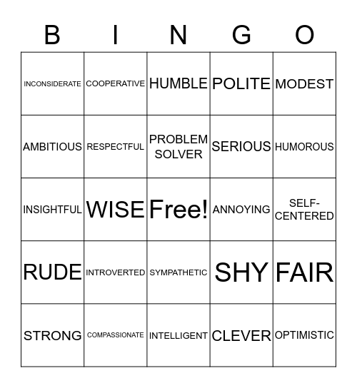 CHARACTER TRAITS Bingo Card