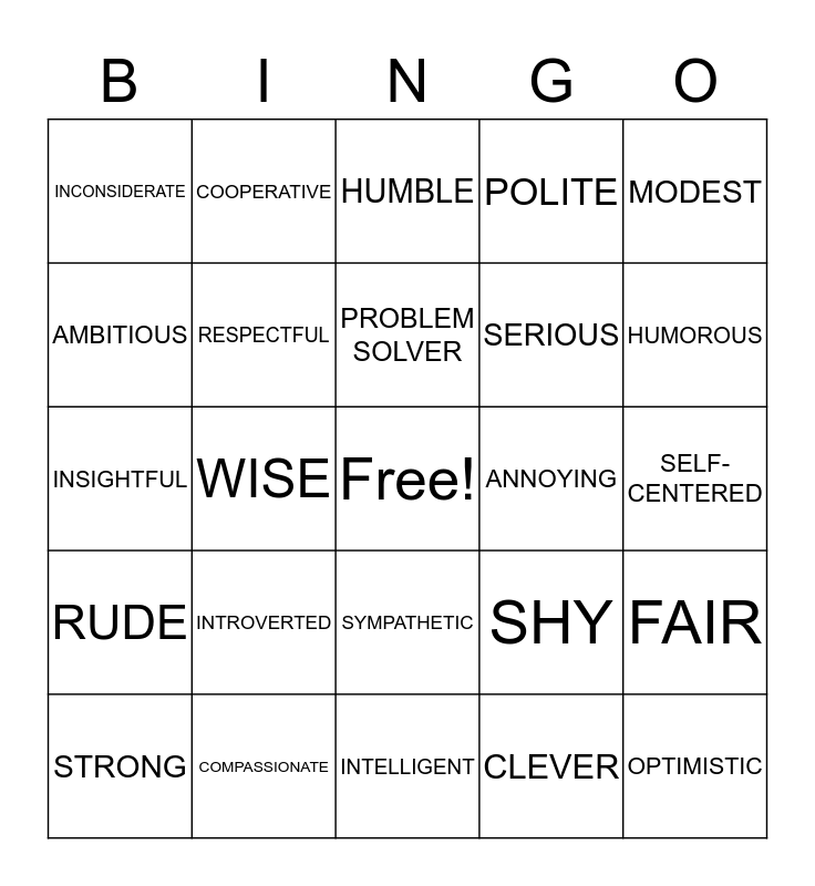 CHARACTER TRAITS Bingo Card