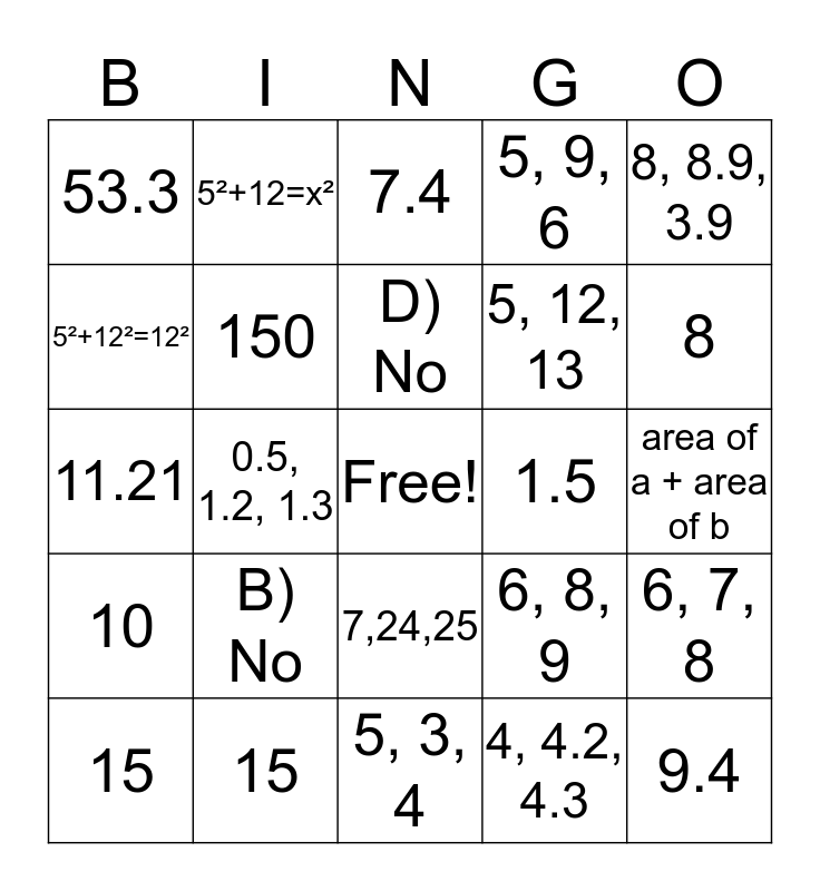 Pythagorean Theorem Bingo Card