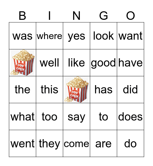 Popcorn Word Bingo Card