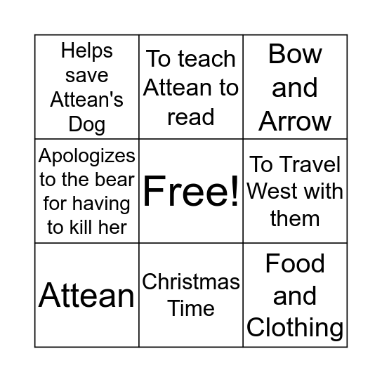 Sign of the Beaver Bingo Card