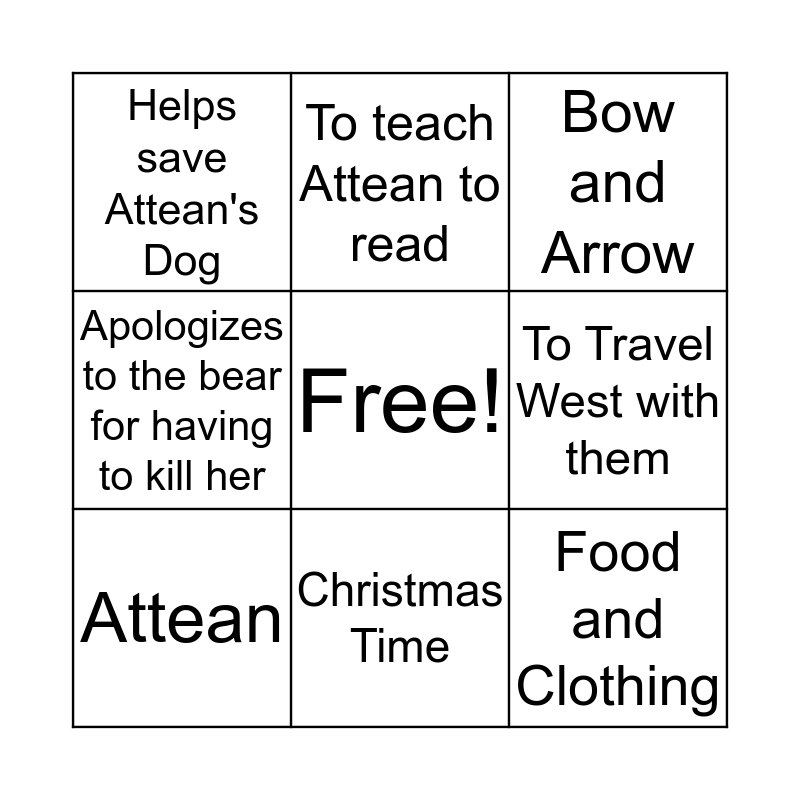 Sign of the Beaver Bingo Card