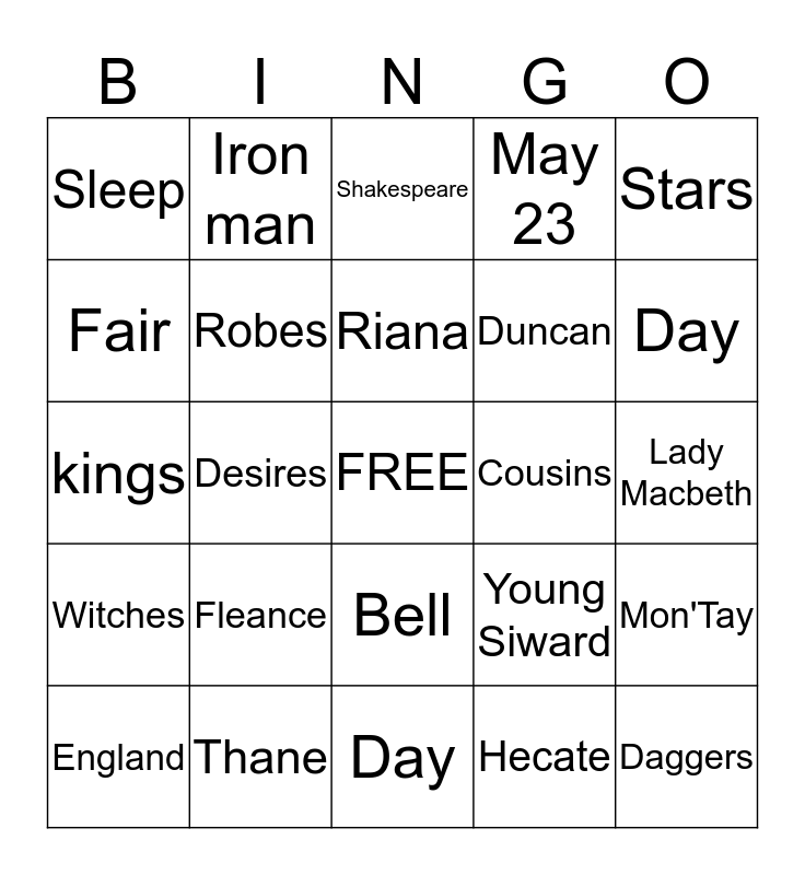 Macbeth Bingo Card