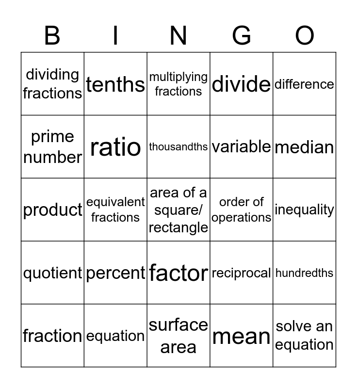 6th Grade Math Vocabulary Bingo Card