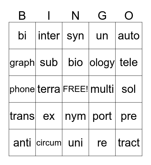 Greek Root Word Bingo Card