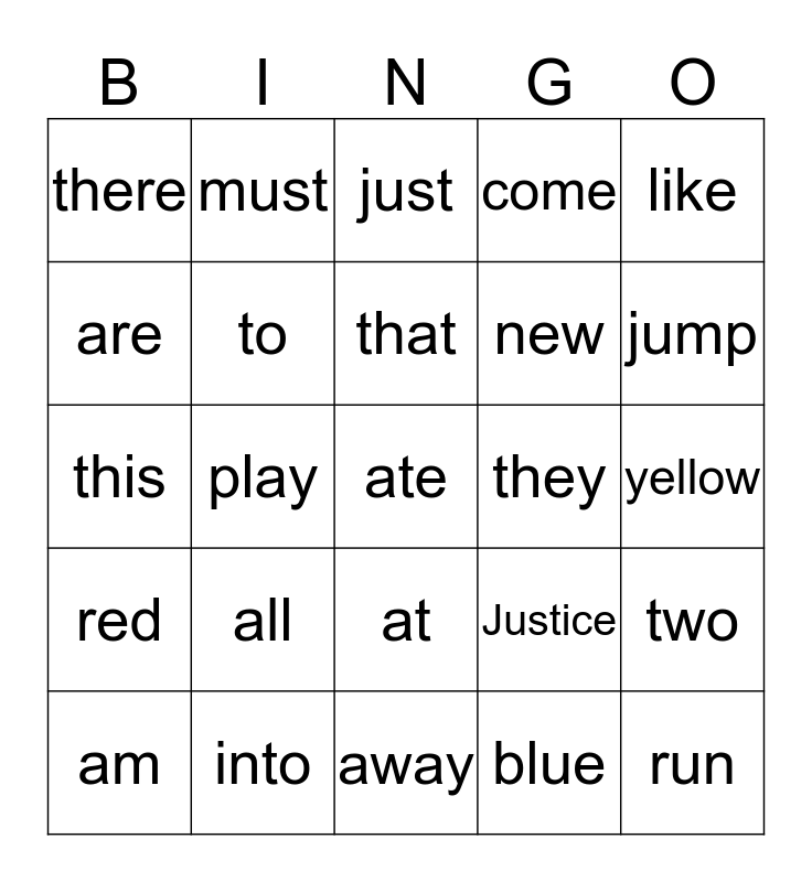 Primer Level 1 Bingo Card