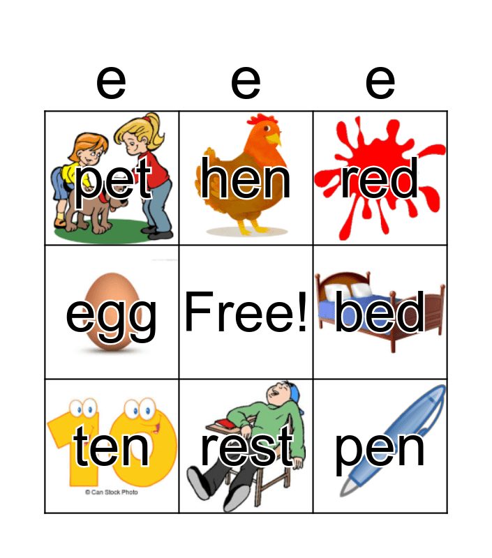 short vowel e Bingo Card