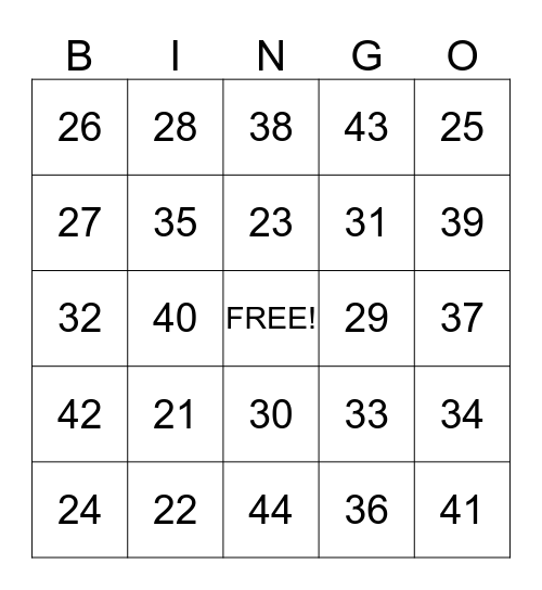 NUMBERS 21-44 Bingo Card