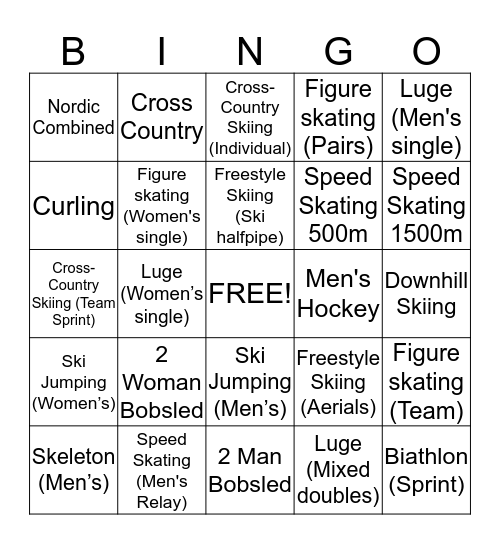 Winter Olympic Bingo 2014 Bingo Card