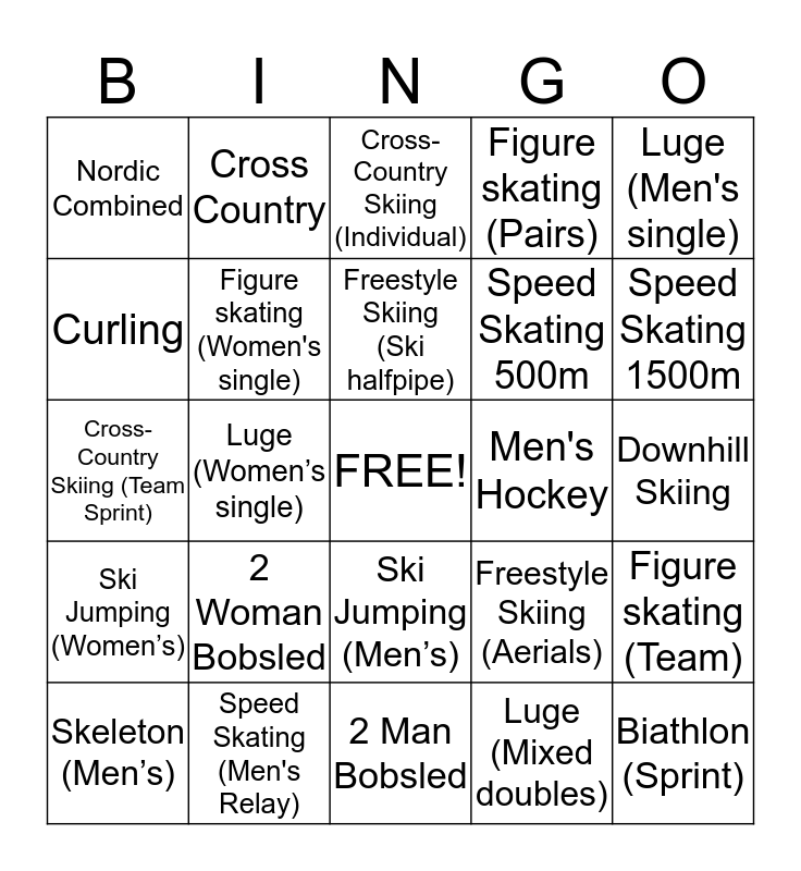 Winter Olympic Bingo 2014 Bingo Card