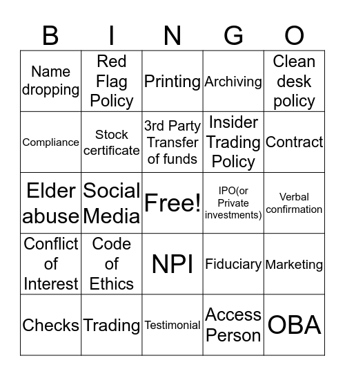 Compliance Bingo Card