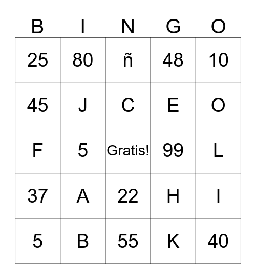 El alfabeto y los números Bingo Card