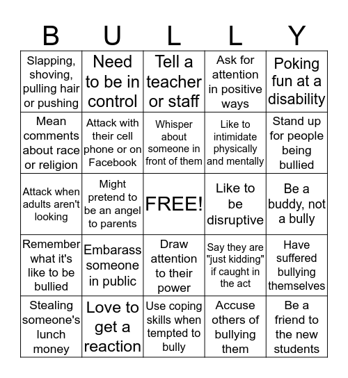 Bully Bingo Card