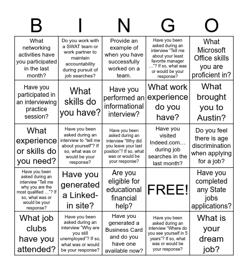 Job Search Bingo Card