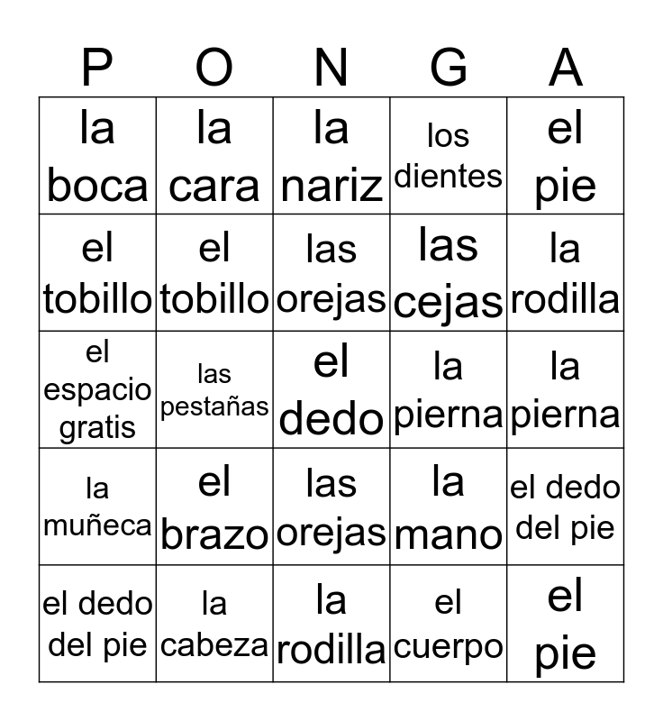 Las partes del cuerpo Bingo Card