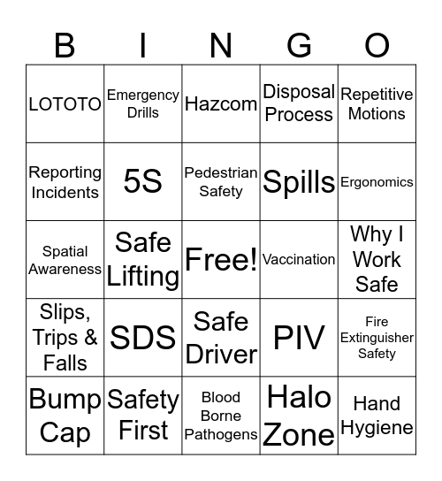 Safety Bingo Card