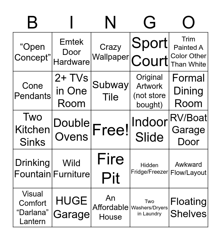 Parade of Homes BINGO! Bingo Card