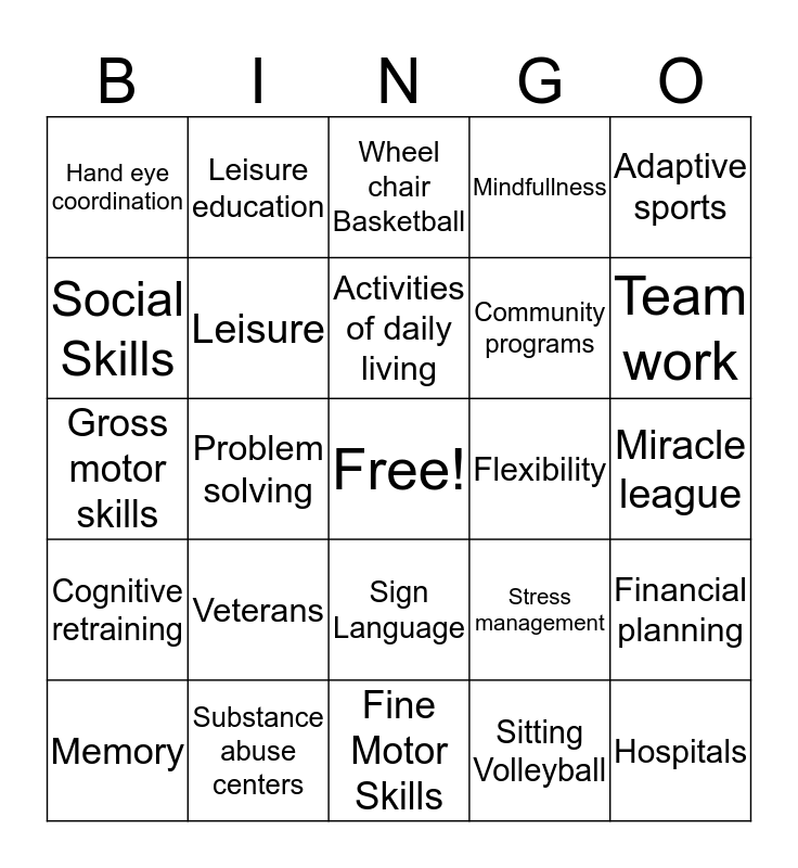 Recreation Therapy Bingo Card