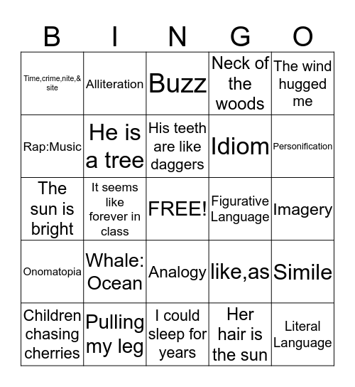 English Bingo Bingo Card
