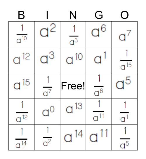 Exponent Properties Bingo Card