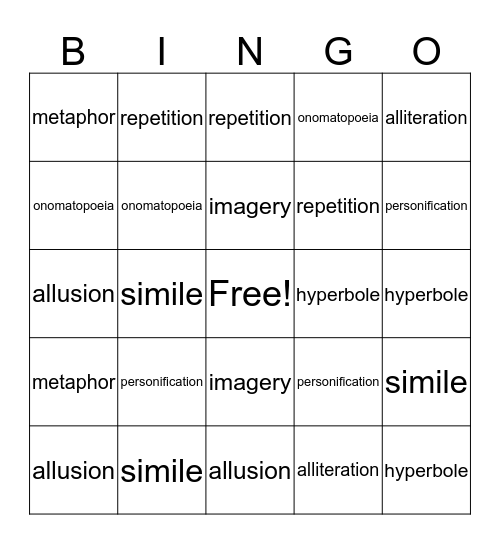 Figurative Language Bingo Card