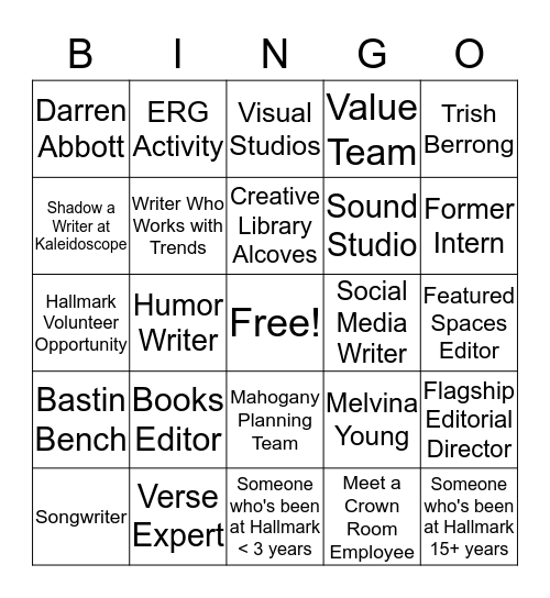 Hallmark Intern 2019 Bingo Card
