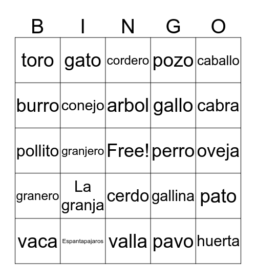 Los Animales de la Granja Bingo Card