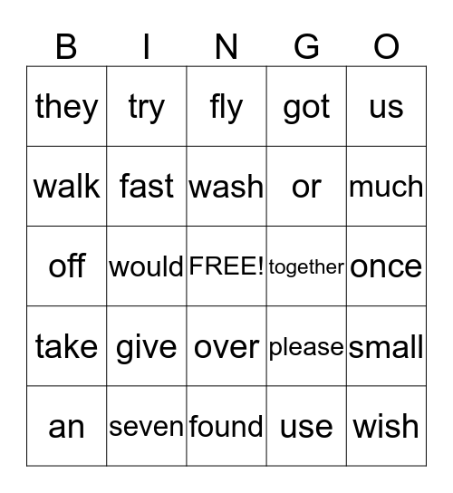 Sight Words Bingo Card