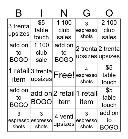 Cafe Bingo! Bingo Card