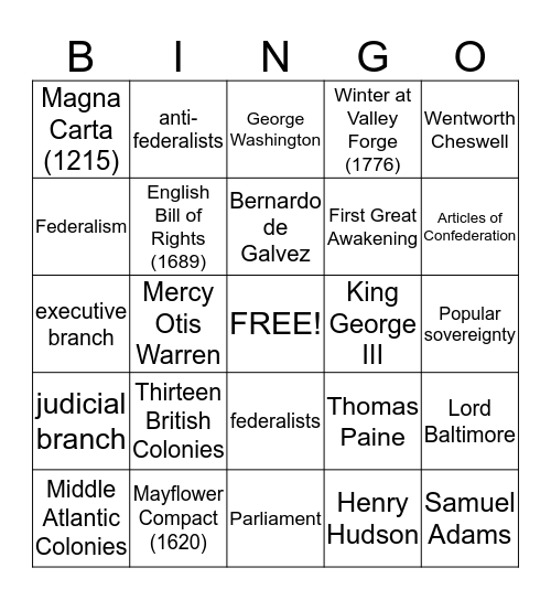 US History Bingo Card
