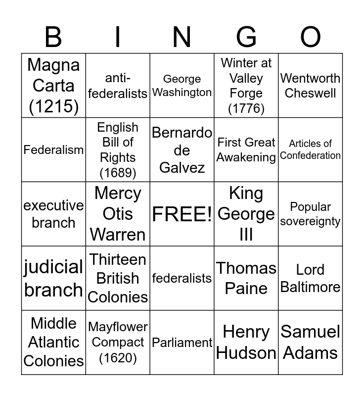 U.S. History Bingo Card