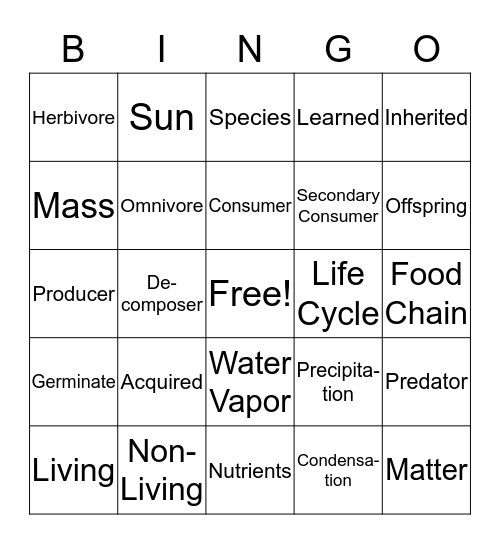 Science Vocabulary Bingo Card