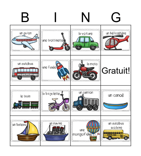 Les moyens de transport Bingo Card