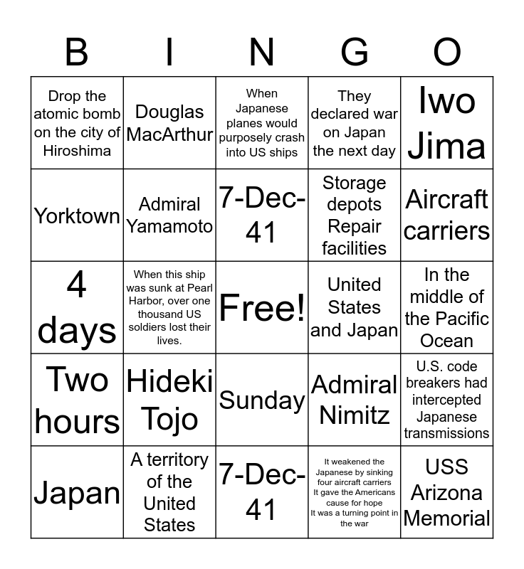 Pacific Bingo answer key Bingo Card
