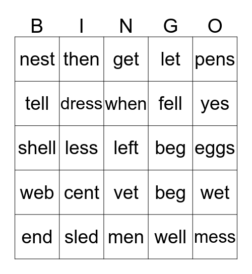 Short e Bingo Card