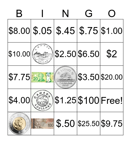 Canadian Money Bingo Card