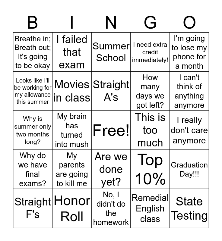 FINAL GRADES Bingo Card