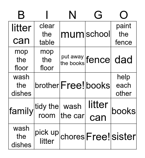 A helping hand Bingo Card